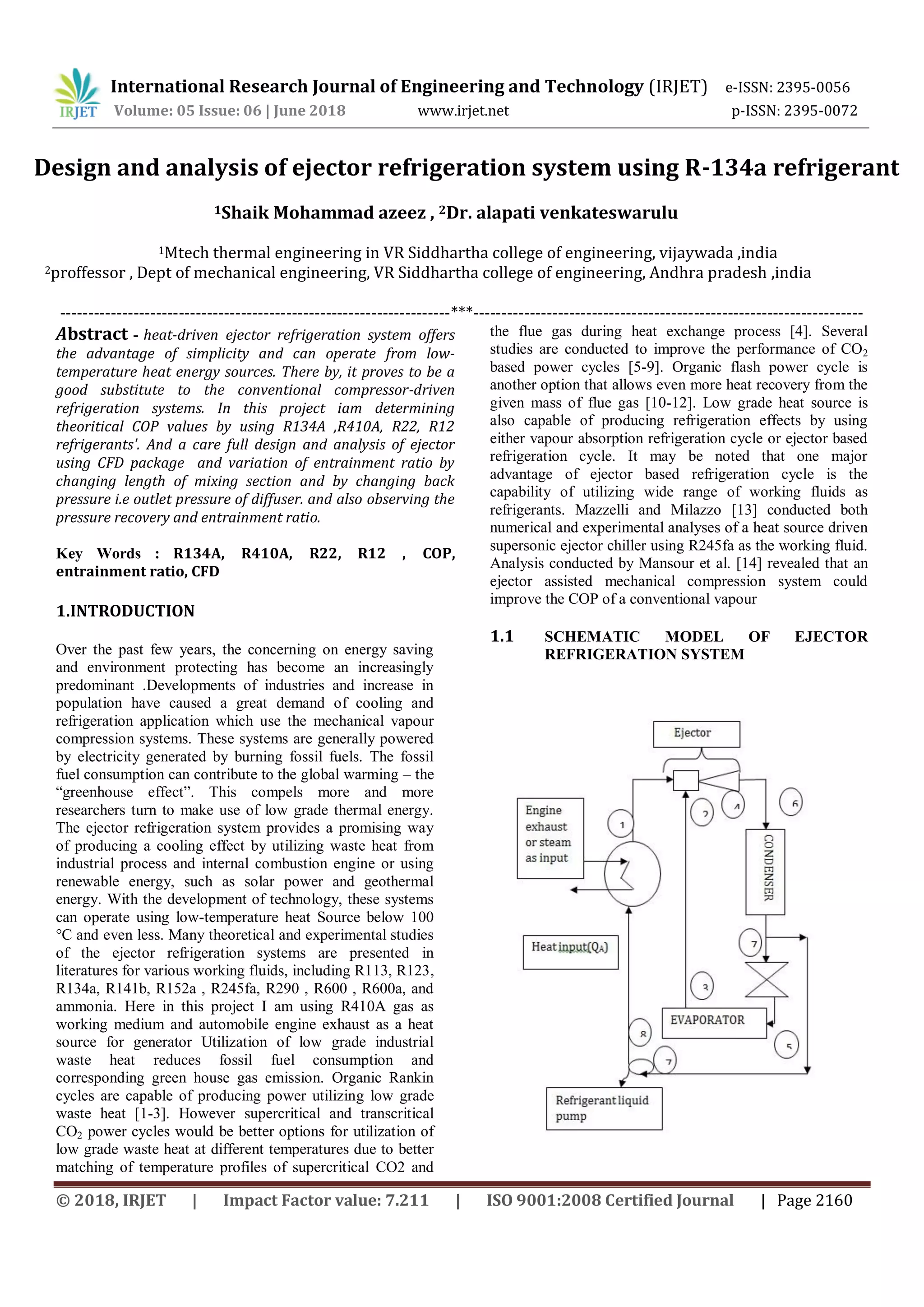 IRJET- Design and Analysis of Ejector Refrigeration System using R-134a Refrigerant | PDF