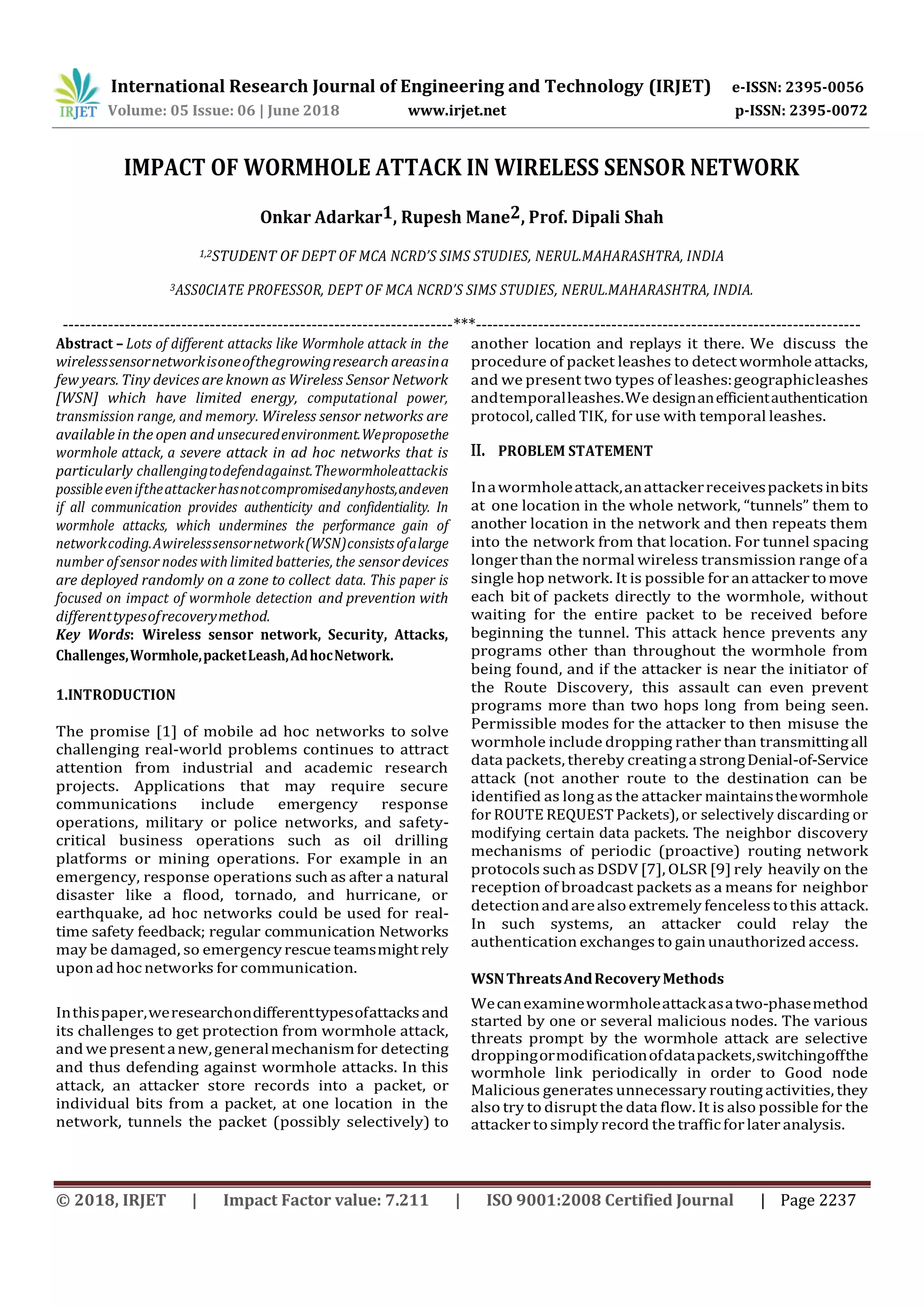 IRJET-Impact of Worm hole Attack in Wireless Sensor Network | PDF ...
