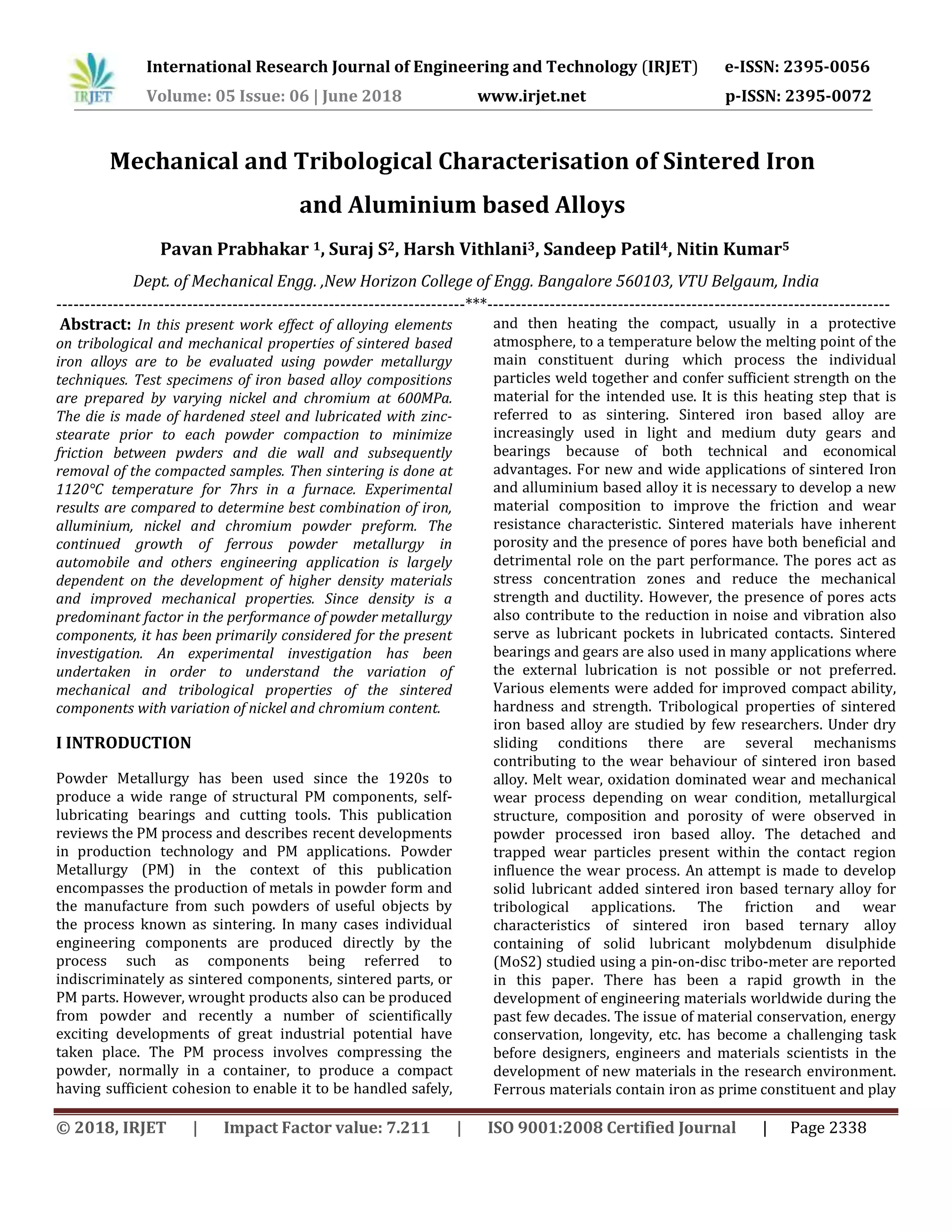 IRJET- Mechanical and Tribological Characterisation of Sintered Iron and Aluminium based Alloys ...