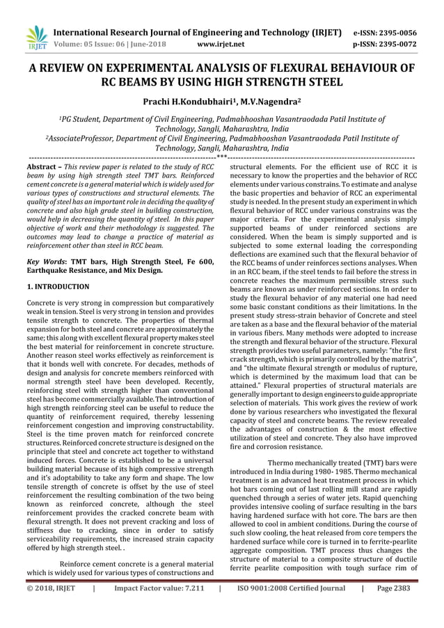 IRJET- A Review on Experimental Analysis of Flexural Behaviour of RC Beams by using High ...