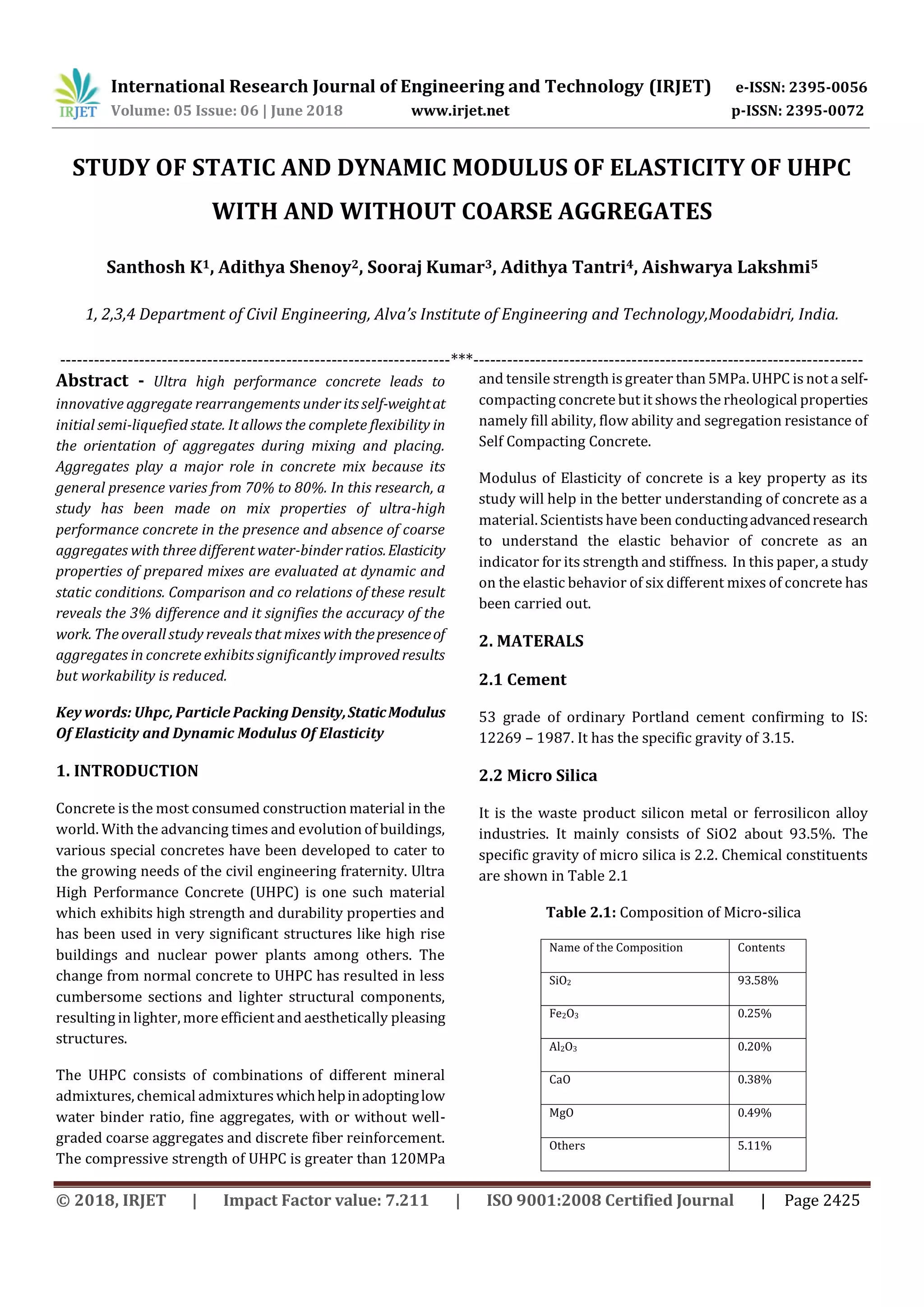 IRJET-Study of Static and Dynamic Modulus of Elasticity of UHPC with and without Coarse ...