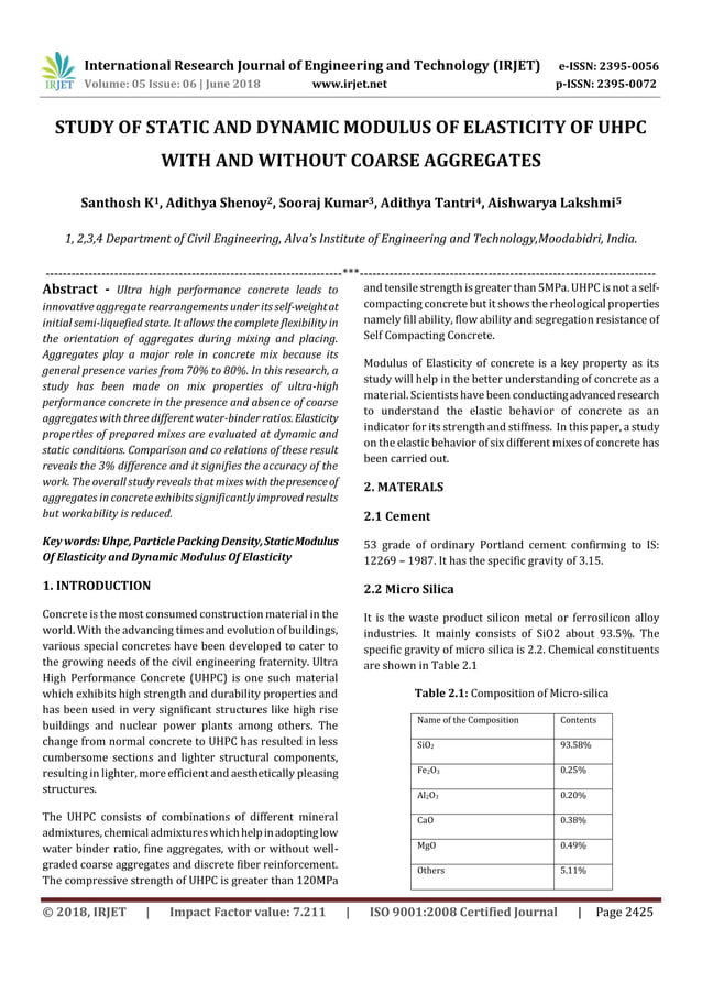 IRJET-Study of Static and Dynamic Modulus of Elasticity of UHPC with and without Coarse ...