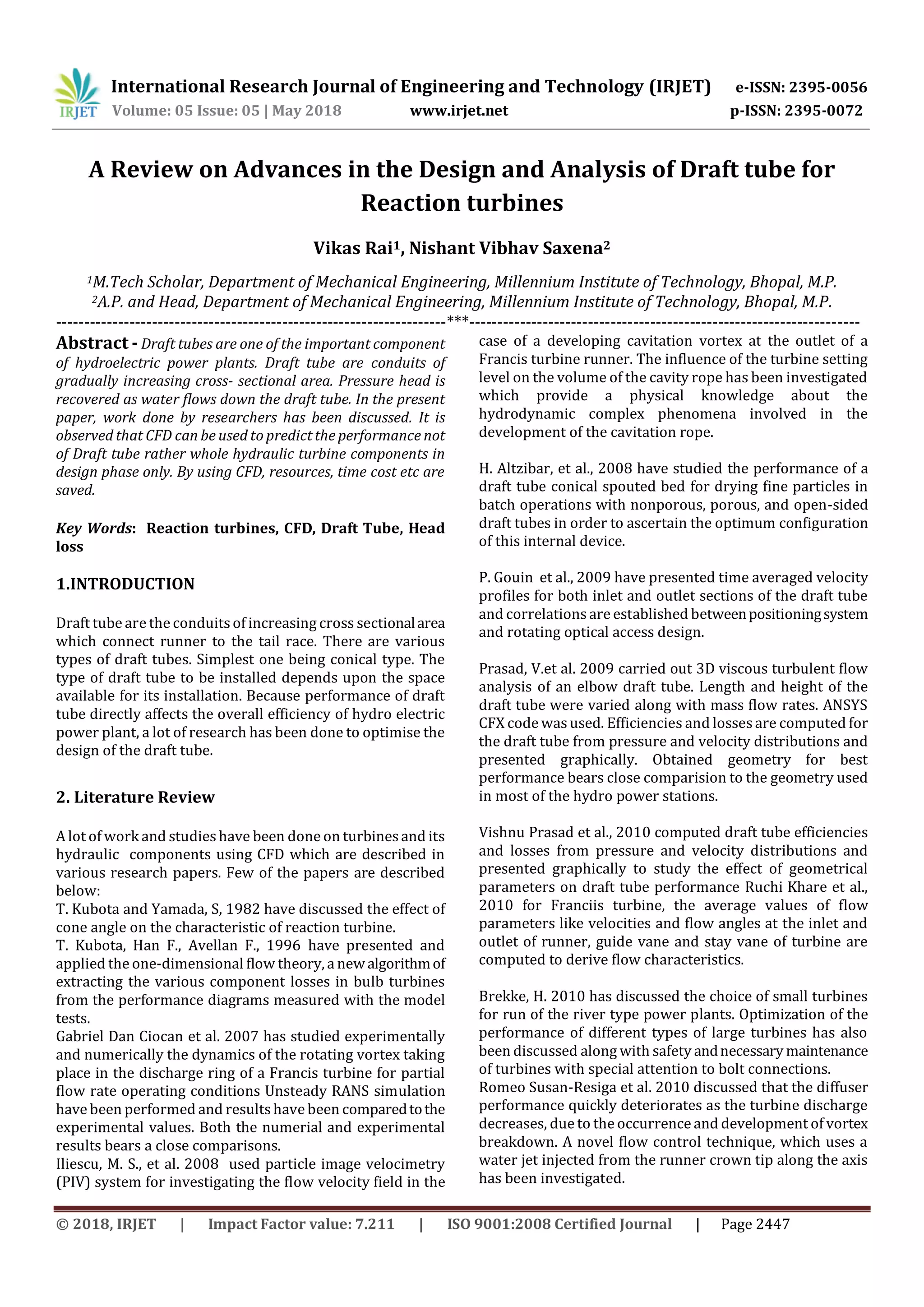 IRJET-A Review on Advances in the Design and Analysis of Draft Tube for ...