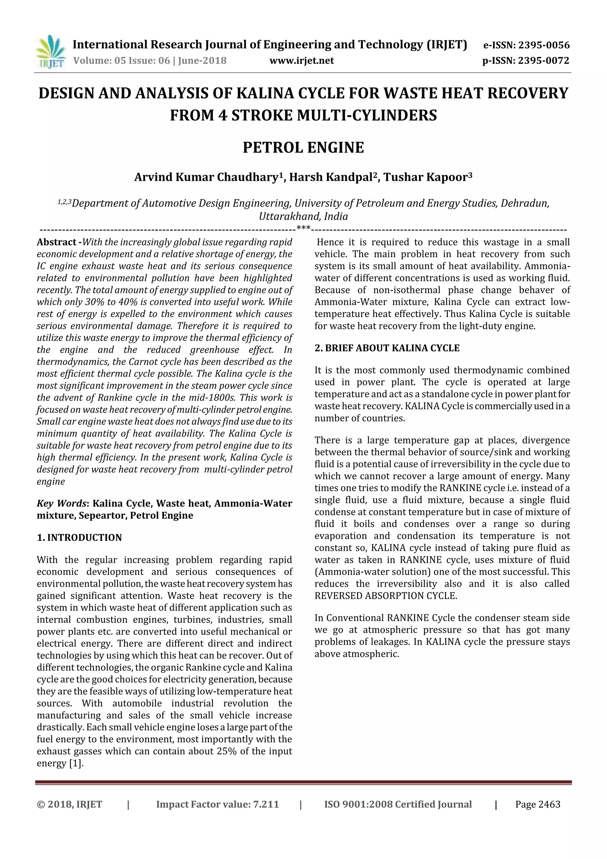 IRJET-Design and Analysis of Kalina Cycle for Waste Heat Recovery from ...