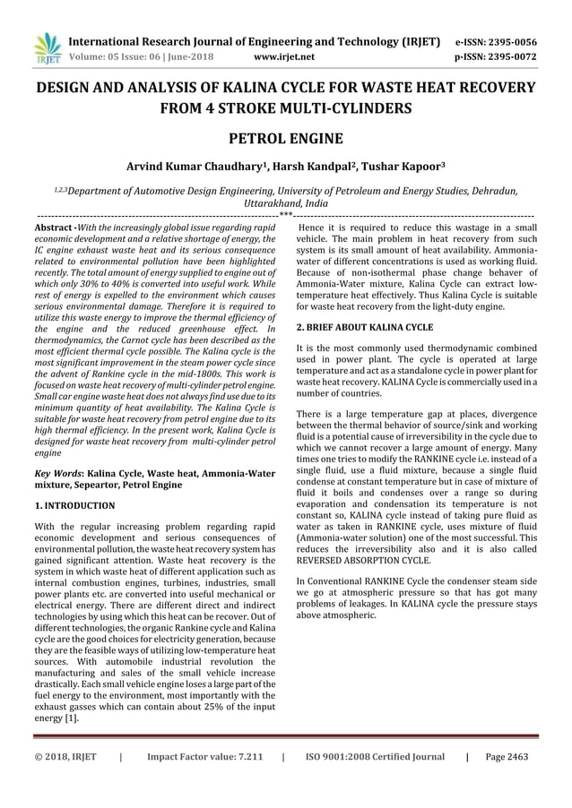 IRJET-Design and Analysis of Kalina Cycle for Waste Heat Recovery from ...