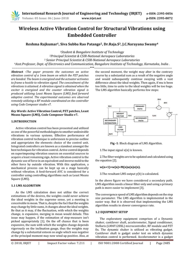 IRJET- Wireless Active Vibration Control for Structural Vibrations using Embedded Controller ...