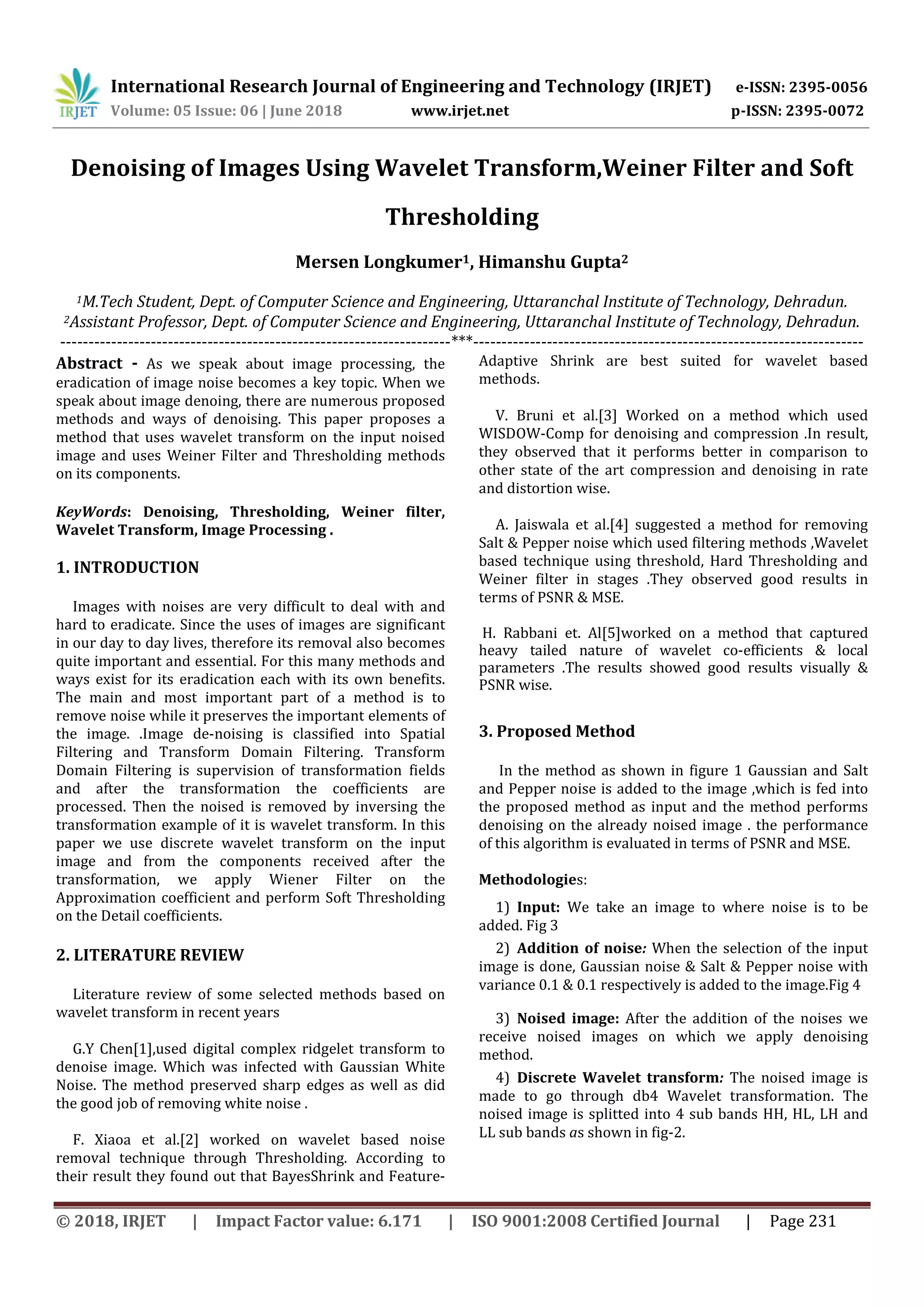 Irjet Denoising Of Images Using Wavelet Transformweiner Filter And Soft Threshoding Pdf