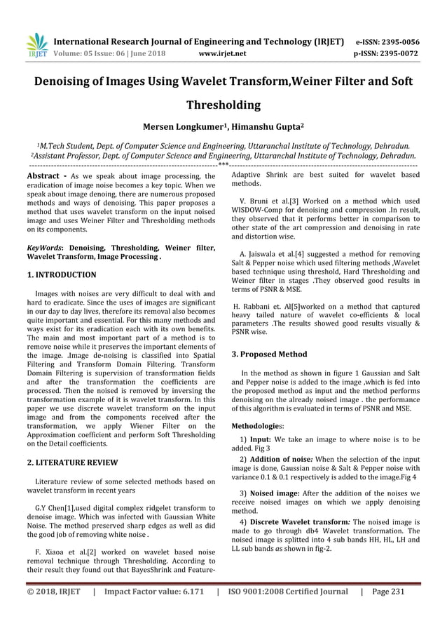 IRJET-Denoising of Images using Wavelet Transform,Weiner Filter and Soft Threshoding | PDF