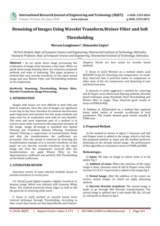 IRJET-Denoising of Images using Wavelet Transform,Weiner Filter and Soft Threshoding | PDF