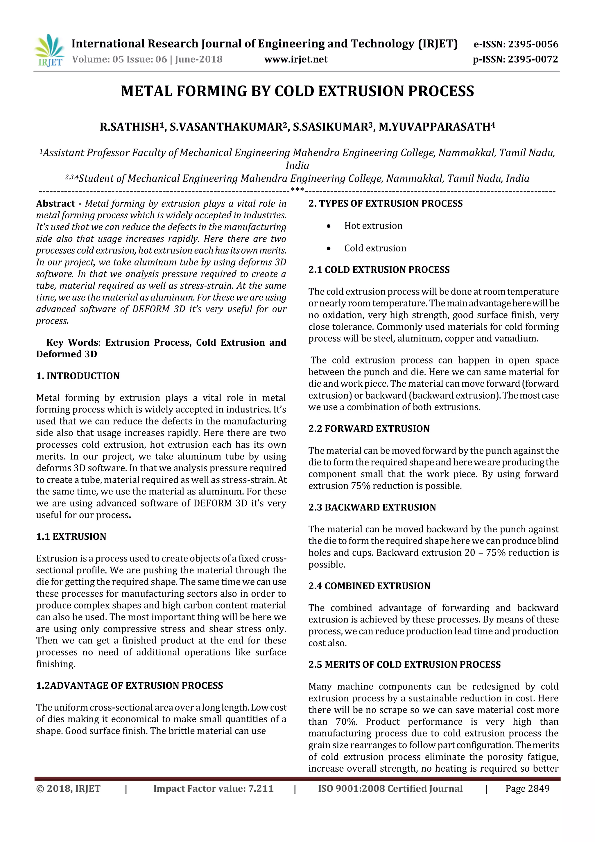 IRJET-Metal Forming by Cold Extrusion Process | PDF