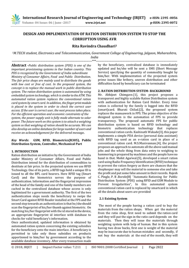 IRJET-Design and Implementation of Ration Distribution System to Stop the Corruption using AVR | PDF