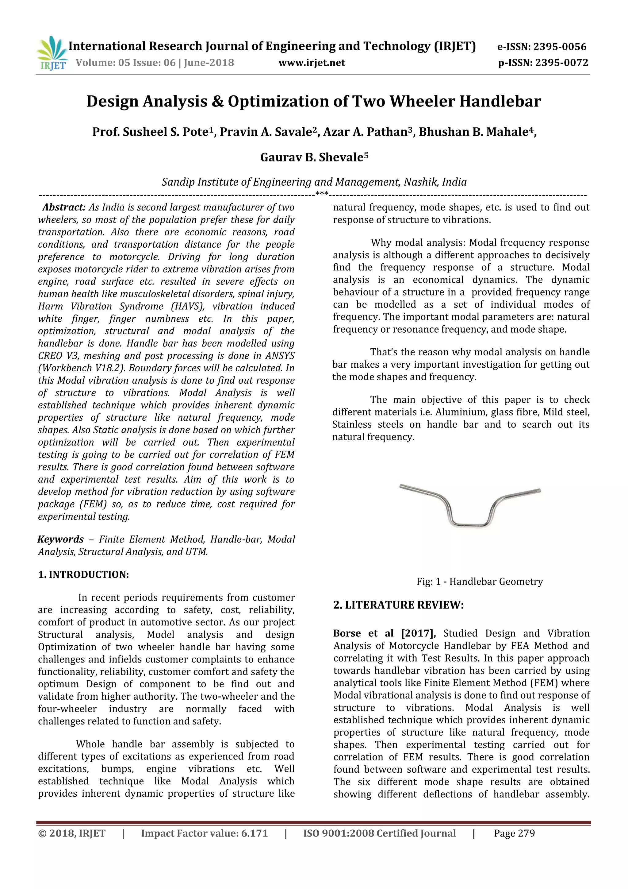 IRJET-Design Analysis & Optimization of two Wheeler Handlebar | PDF
