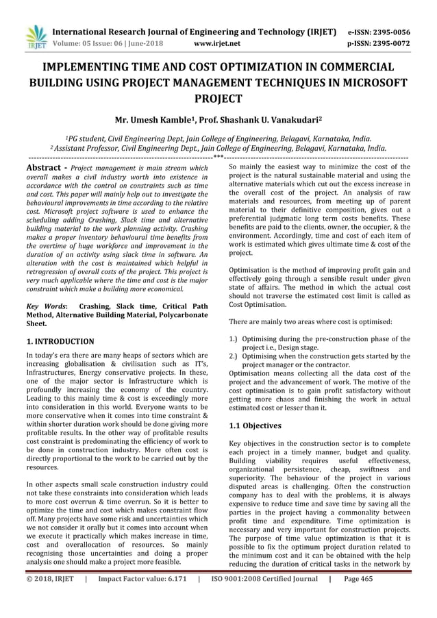 IRJET- Implementing Time and Cost Optimization in Commercial Building using Project Management ...
