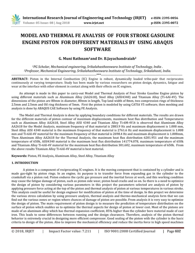 IRJET- Model and Thermal FE Analysis of Four Stroke Gasoline Engine Piston for Different ...
