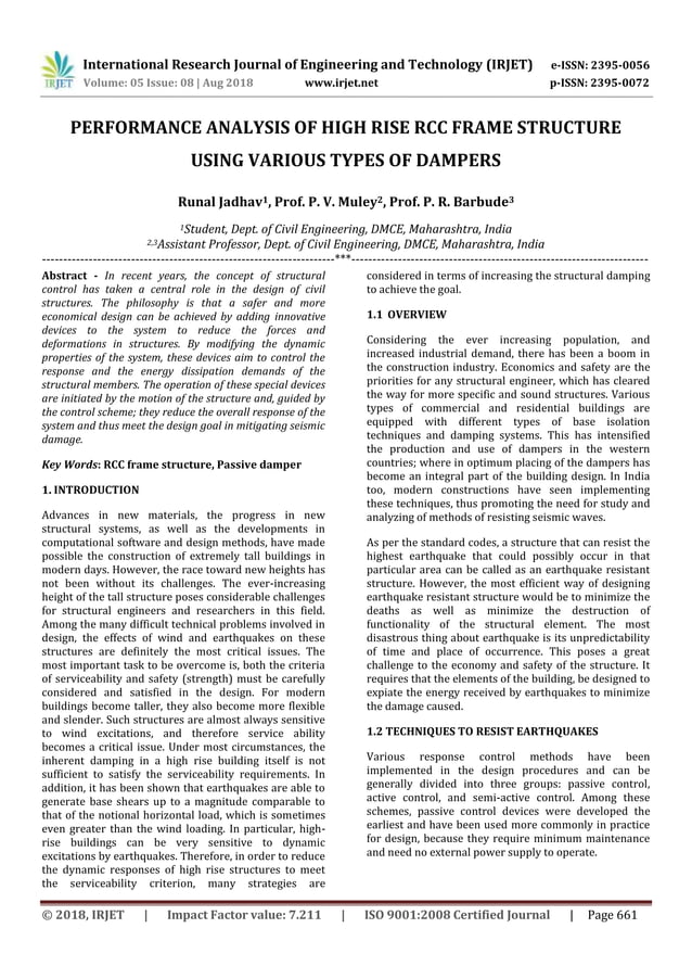 IRJET- Performance Analysis of High Rise RCC Frame Structure using Various Types of Dampers | PDF