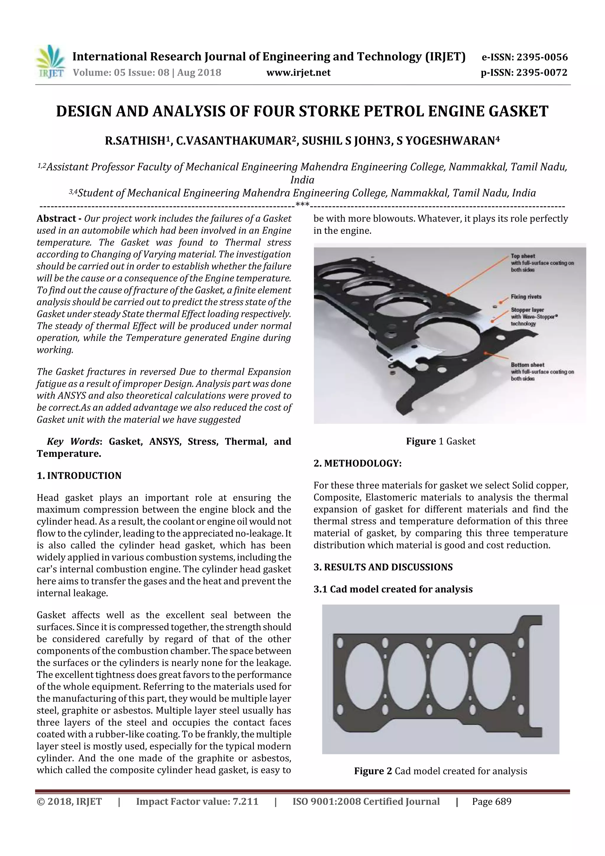 IRJET- Design and Analysis of Four Storke Petrol Engine Gasket | PDF