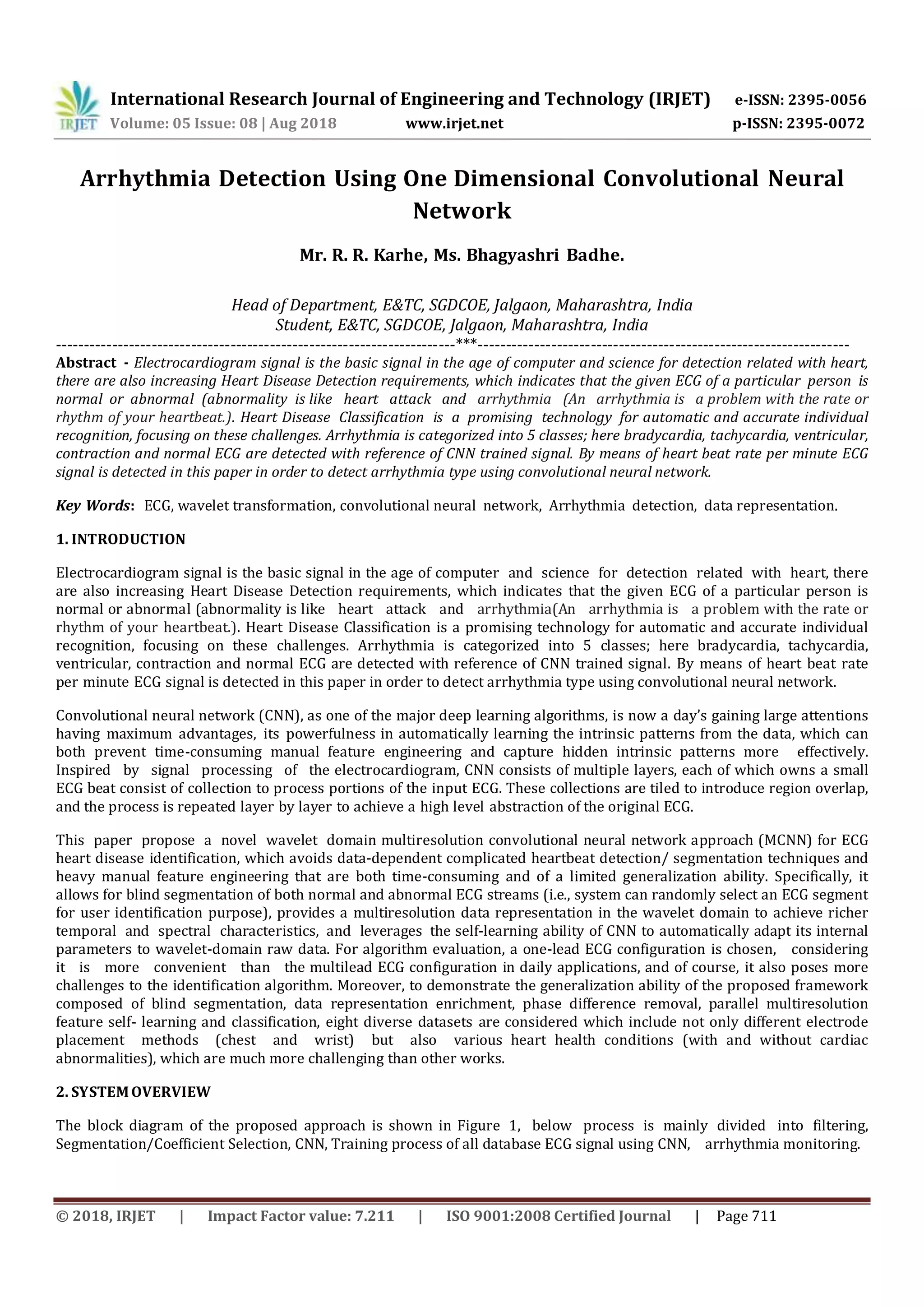 IRJET- Arrhythmia Detection using One Dimensional Convolutional Neural Network | PDF