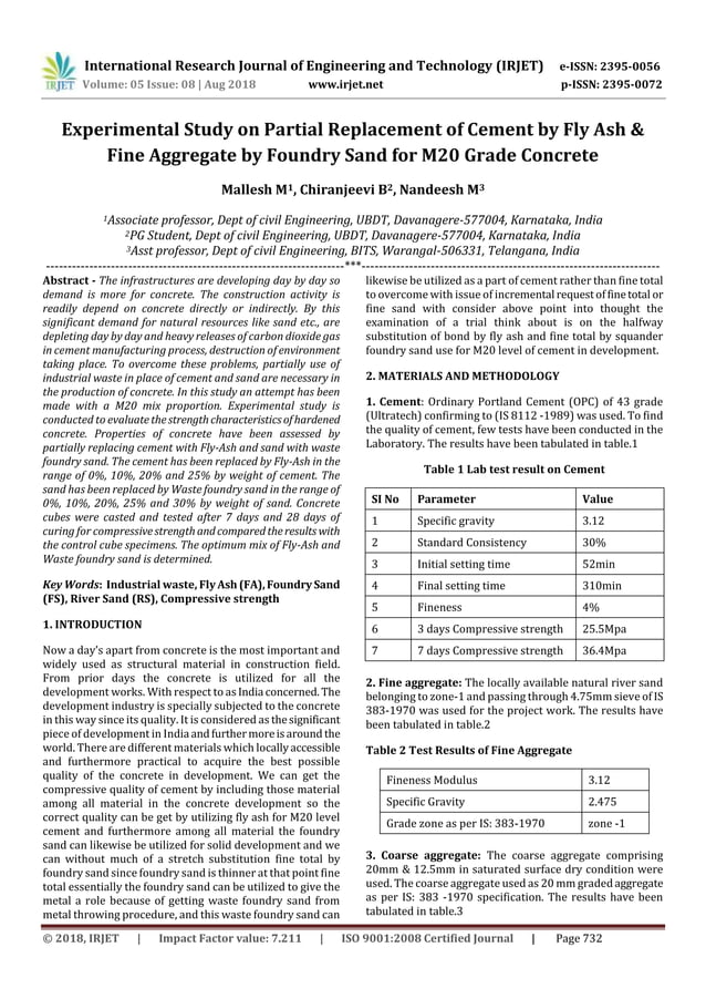 IRJET- Experimental Study on Partial Replacement of Cement by Fly Ash ...