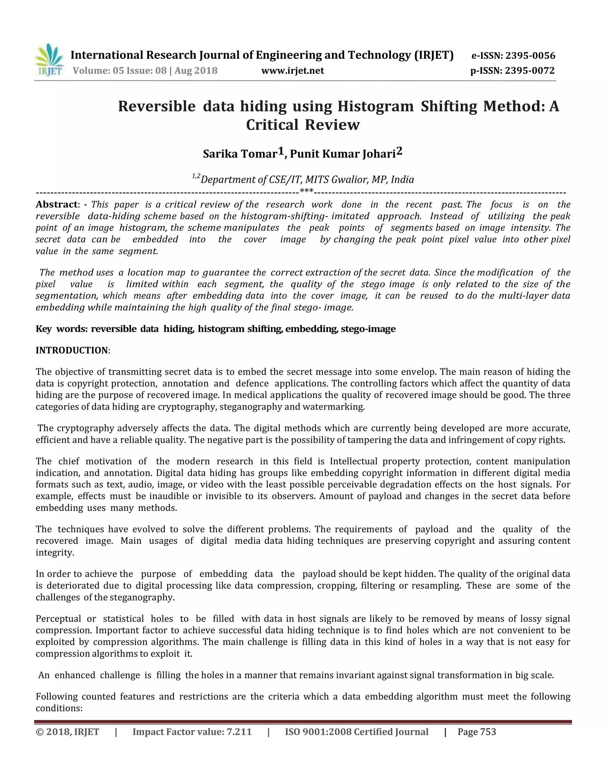 IRJET- Reversible Data Hiding using Histogram Shifting Method: A Critical Review | PDF