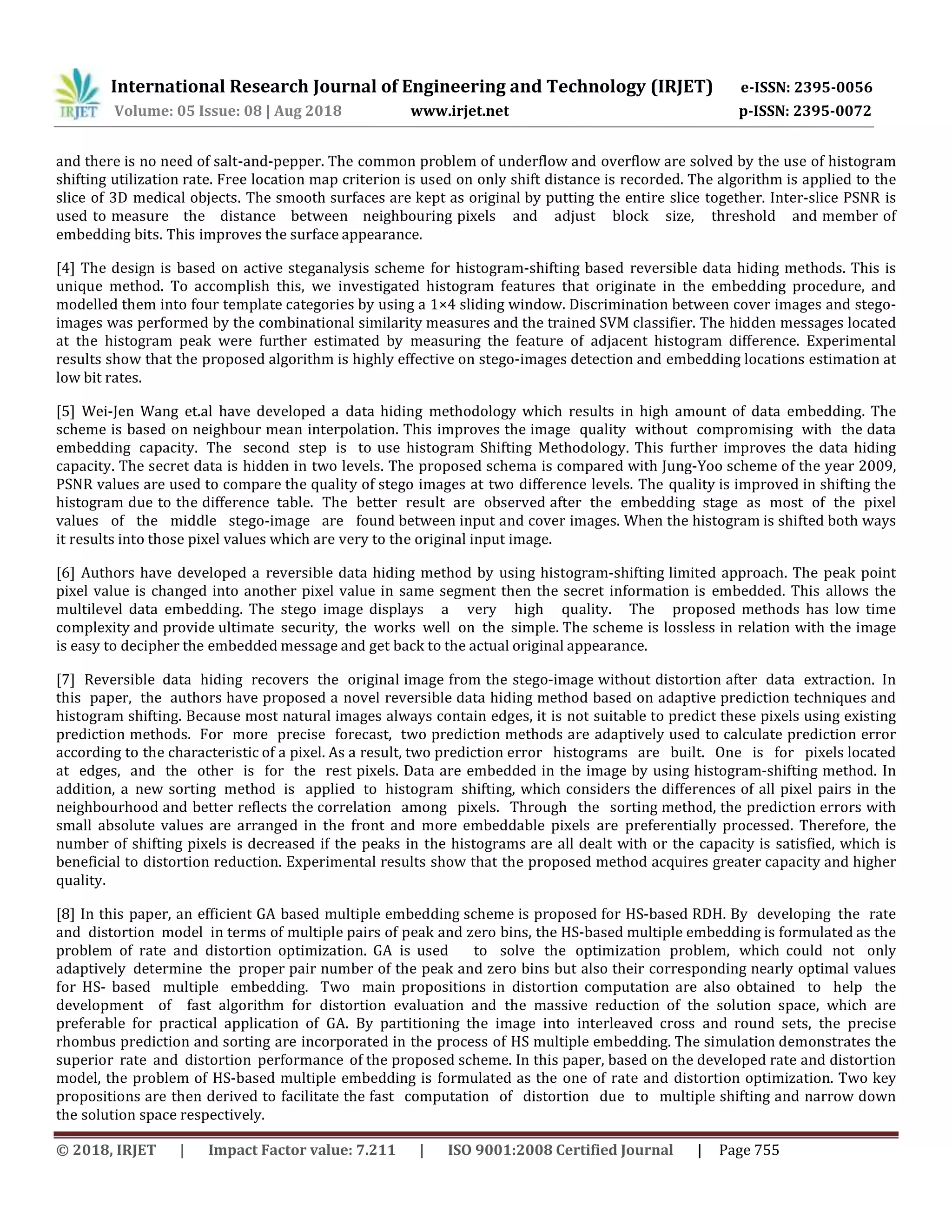 IRJET- Reversible Data Hiding using Histogram Shifting Method: A Critical Review | PDF