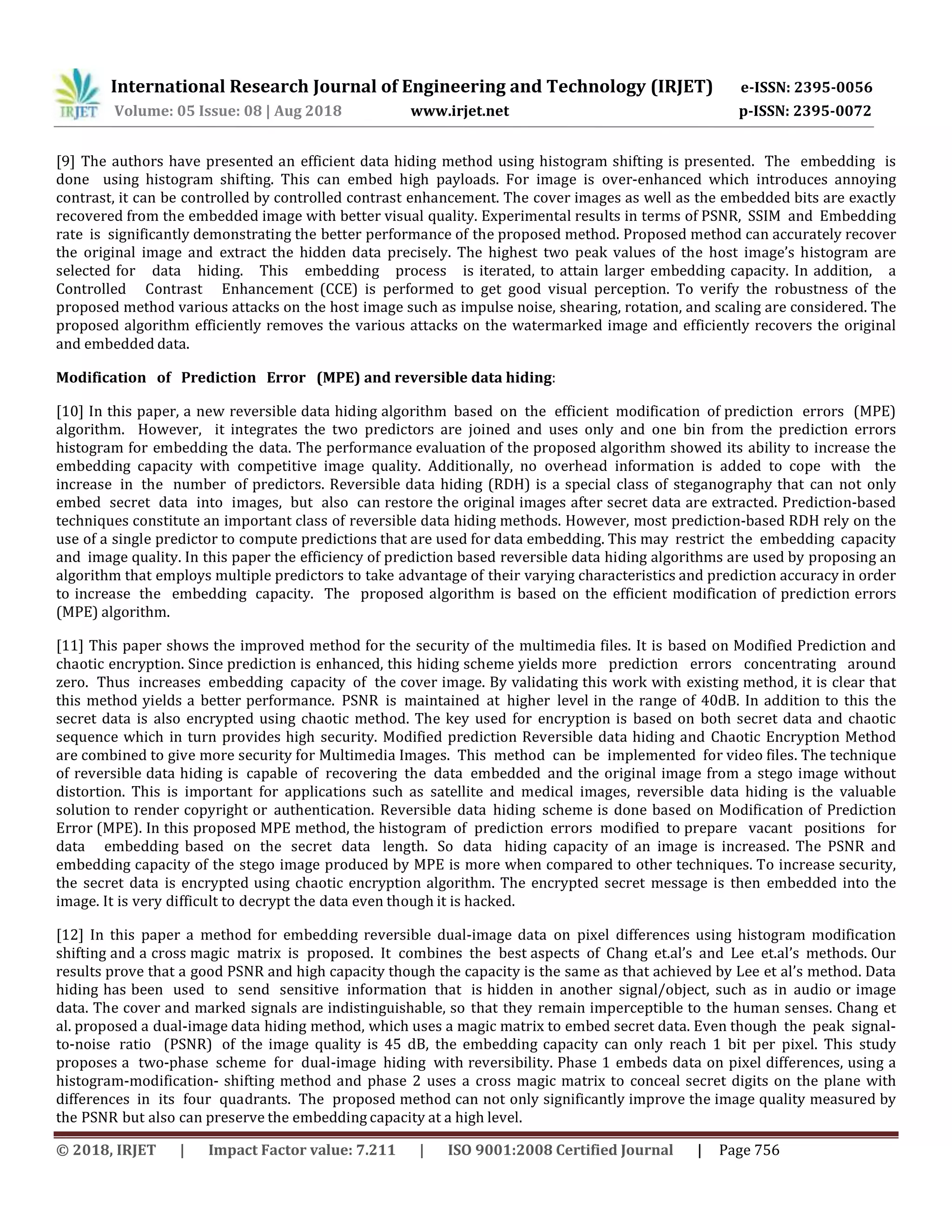 IRJET- Reversible Data Hiding using Histogram Shifting Method: A Critical Review | PDF