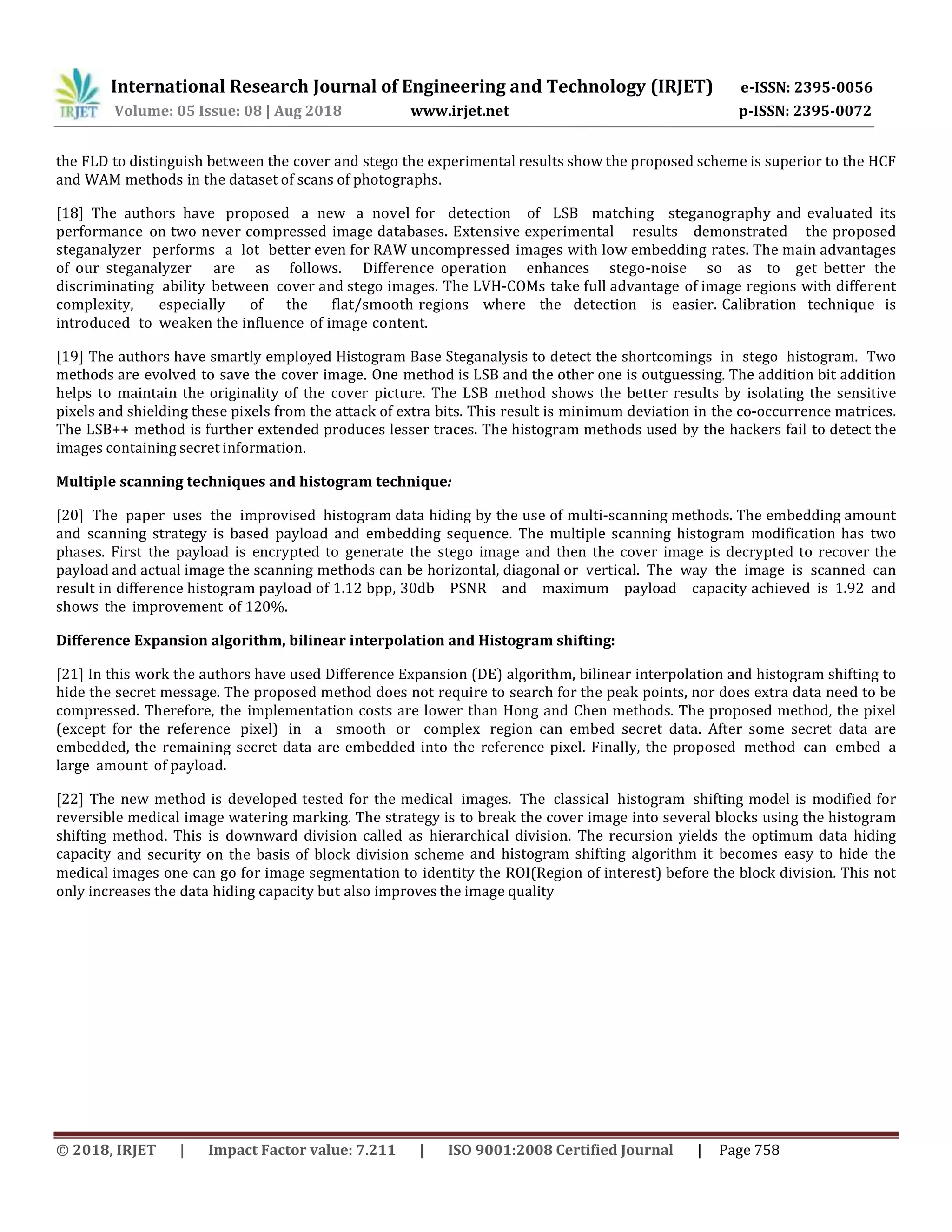 IRJET- Reversible Data Hiding using Histogram Shifting Method: A Critical Review | PDF