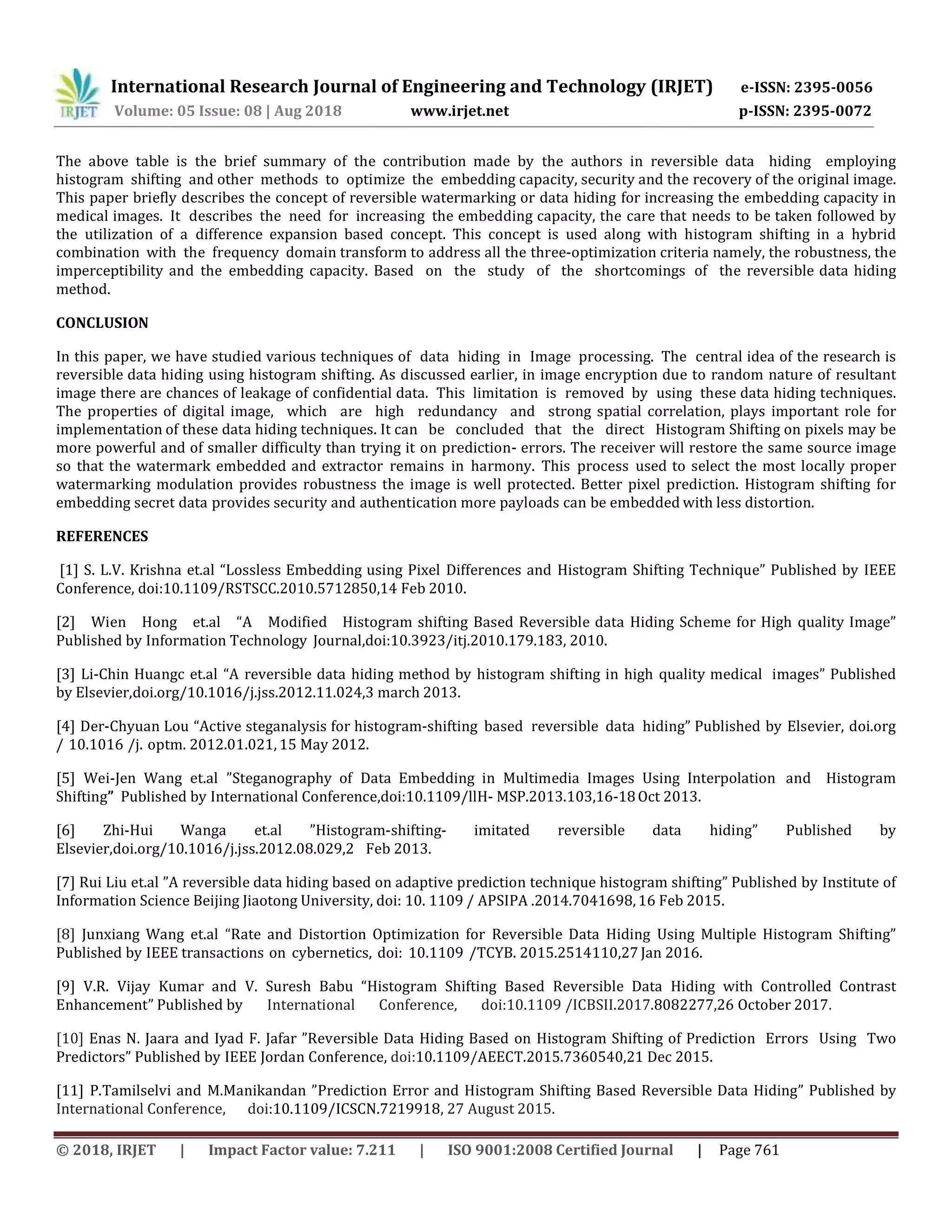 IRJET- Reversible Data Hiding using Histogram Shifting Method: A Critical Review | PDF