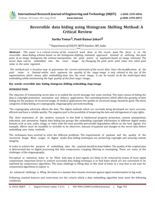 IRJET- Reversible Data Hiding using Histogram Shifting Method: A Critical Review | PDF