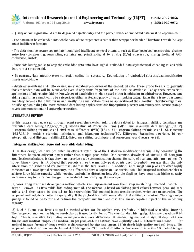 IRJET- Reversible Data Hiding using Histogram Shifting Method: A Critical Review | PDF