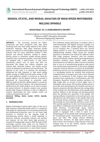 IRJET- Design, Static, and Modal Analysis of High Speed Motorized Milling Spindle | PDF ...