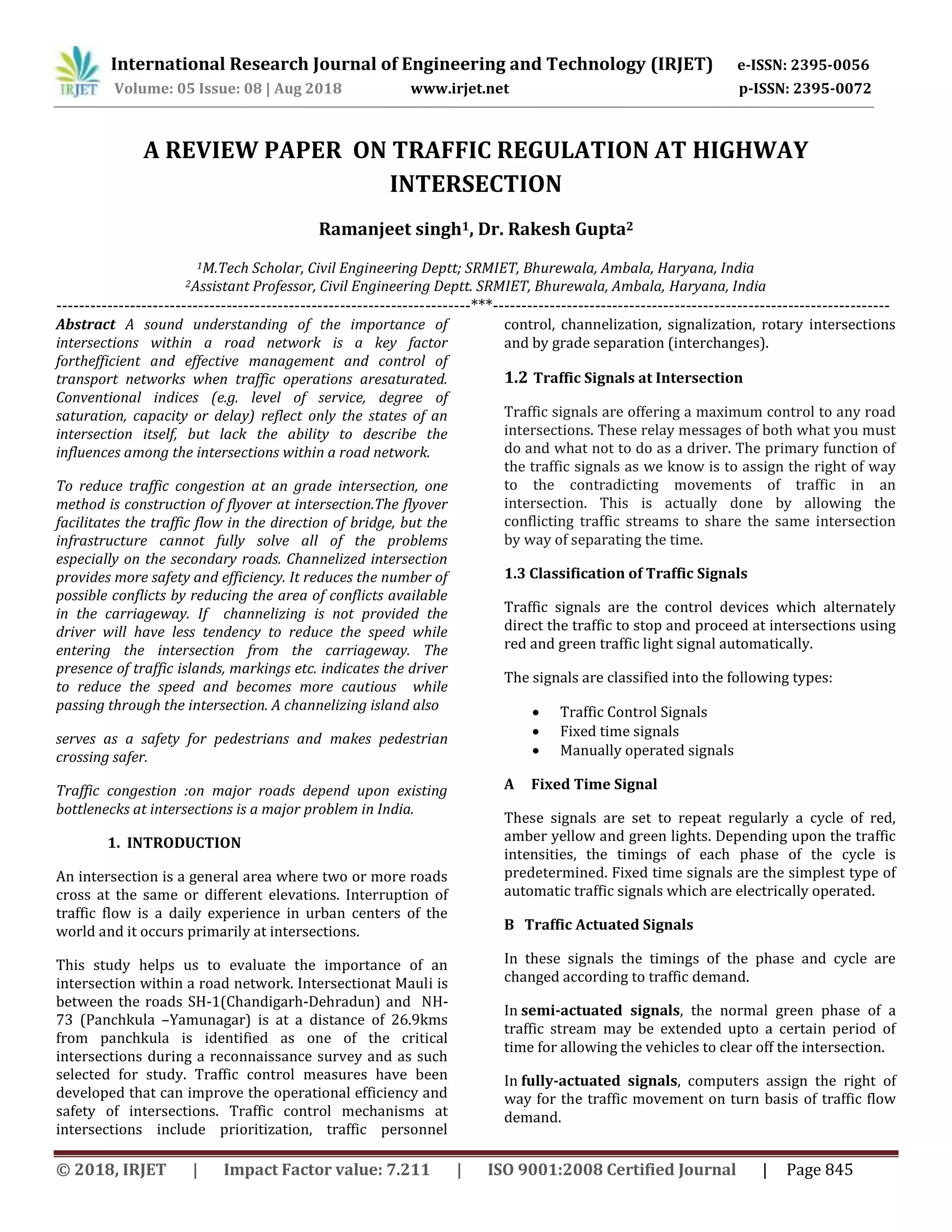 IRJET- A Review Paper on Traffic Regulation at Highway Intersection | PDF