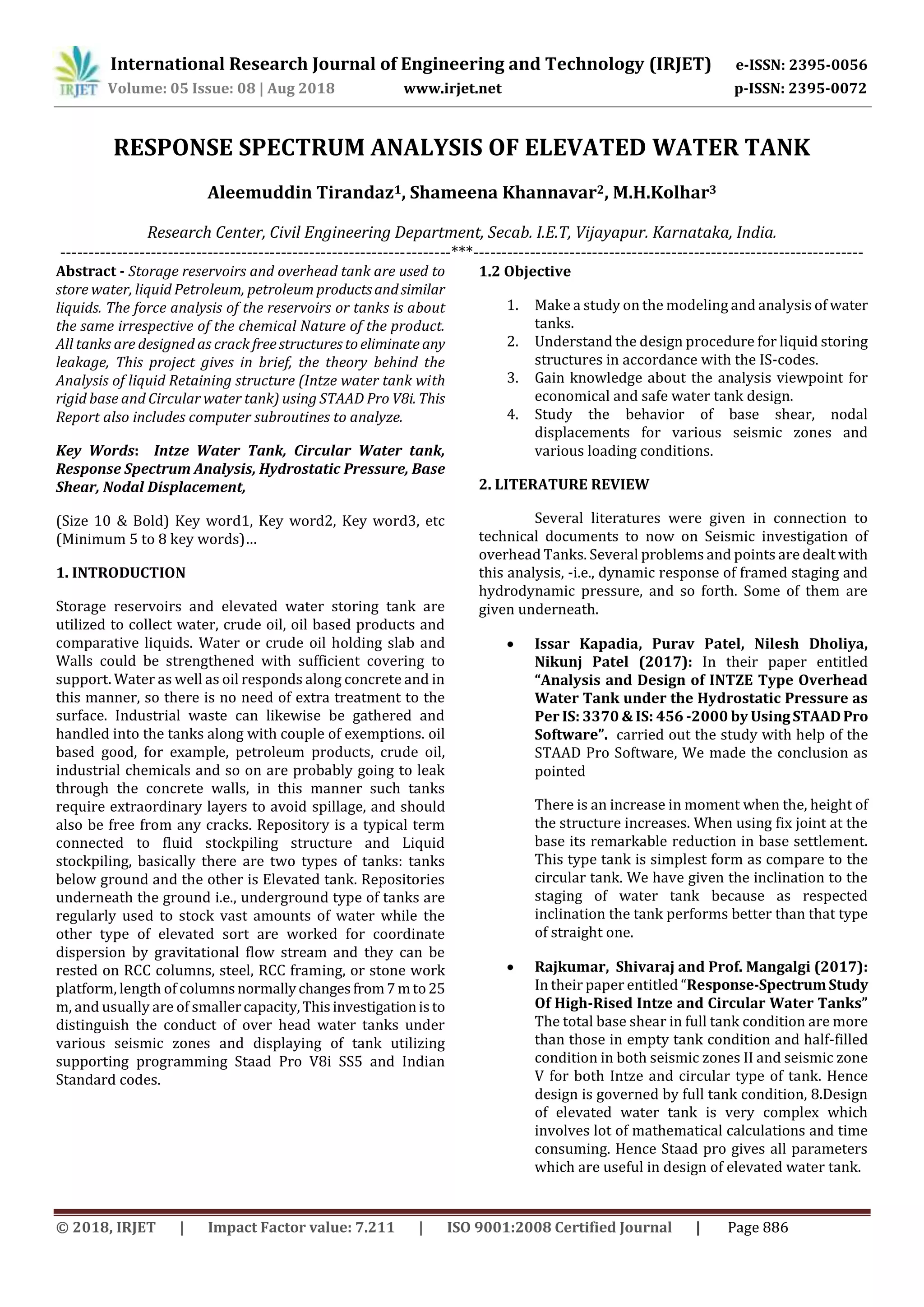IRJET- Response Spectrum Analysis of Elevated Water Tank | PDF