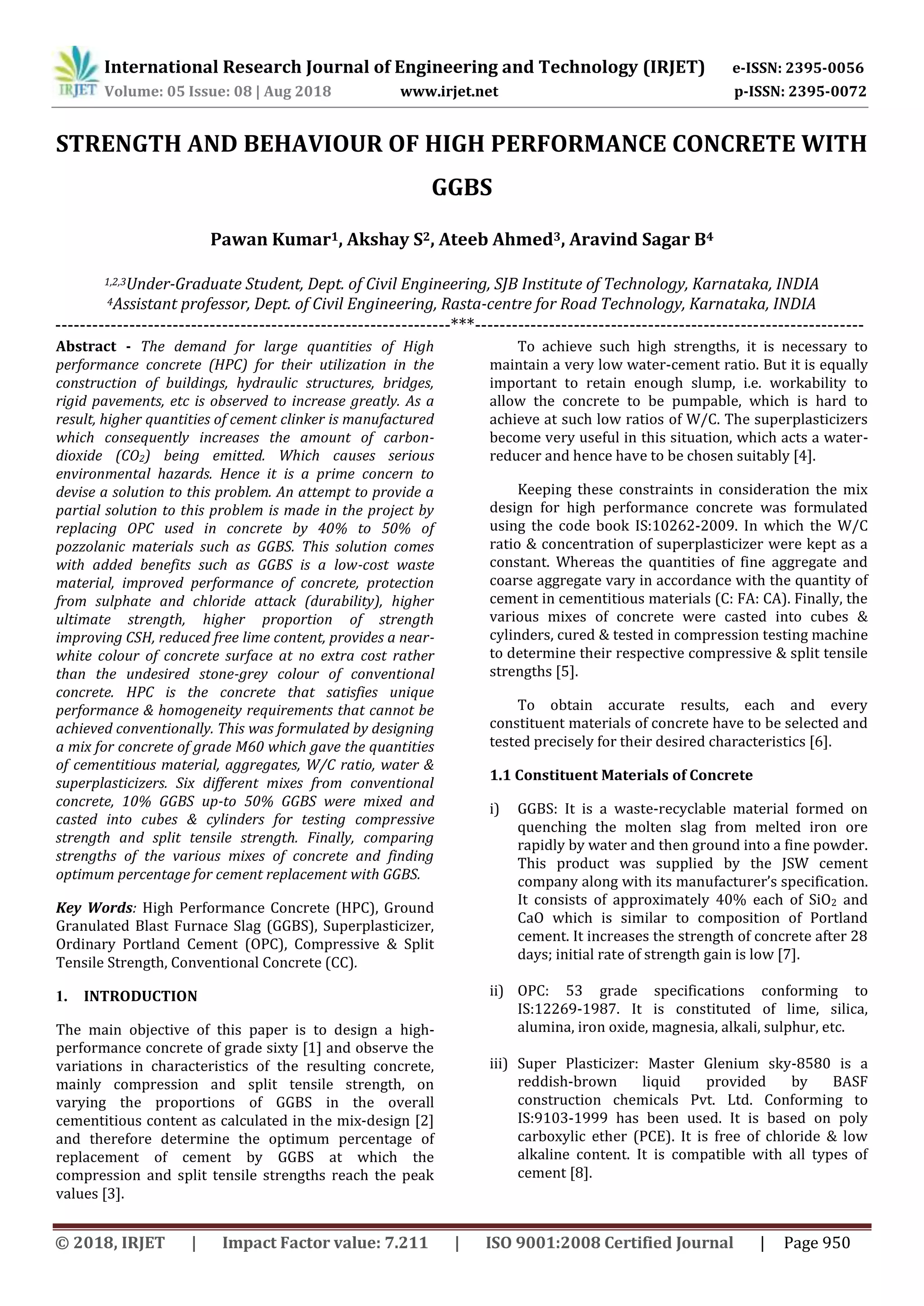 IRJET- Strength and Behaviour of High Performance Concrete with GGBS | PDF
