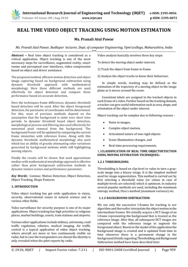IRJET- Real Time Video Object Tracking using Motion Estimation | PDF