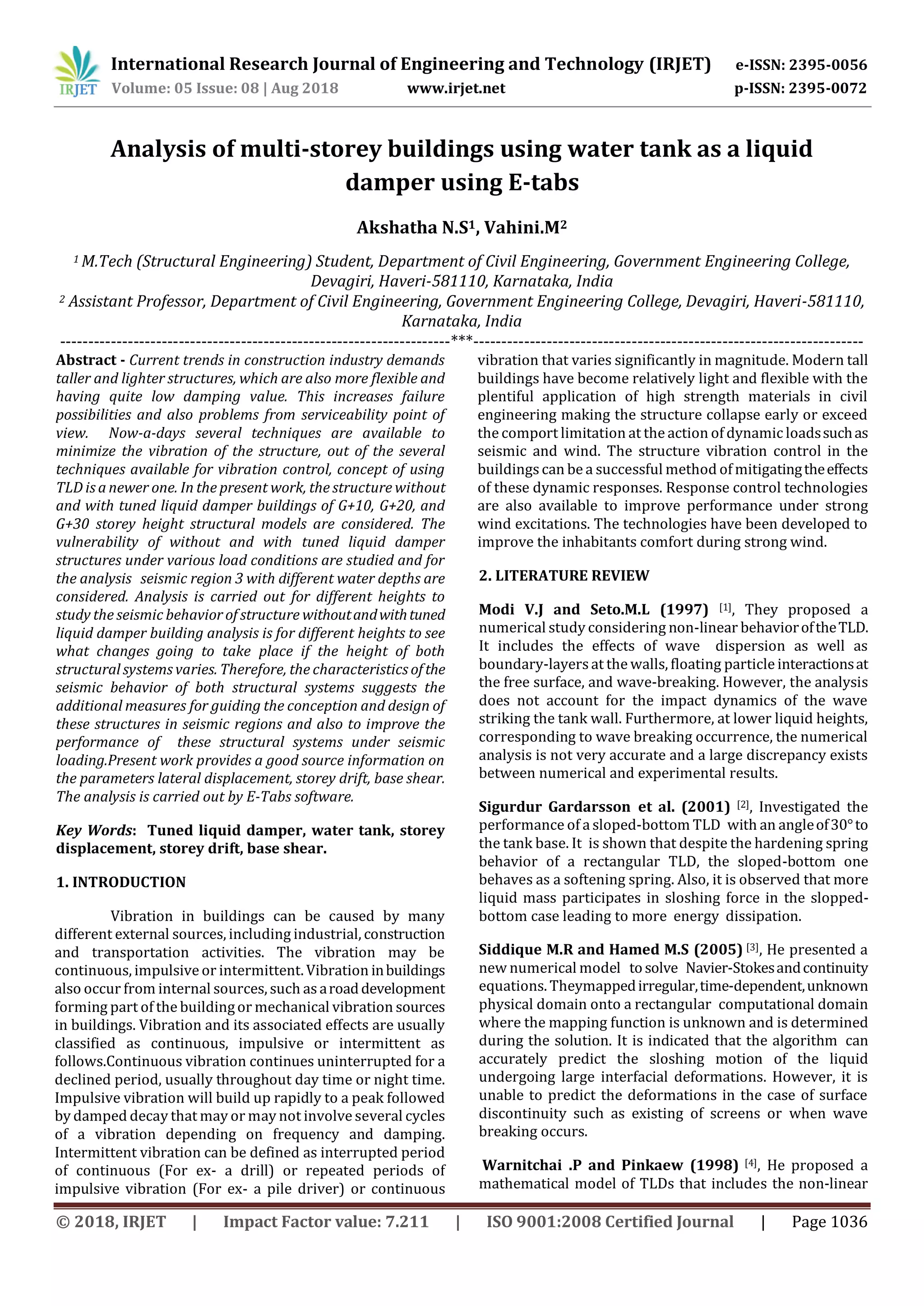 IRJET- Analysis of Multi-Storey Buildings using Water Tank as a Liquid Damper using E-Tabs | PDF