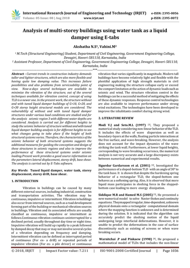 IRJET- Analysis of Multi-Storey Buildings using Water Tank as a Liquid Damper using E-Tabs | PDF