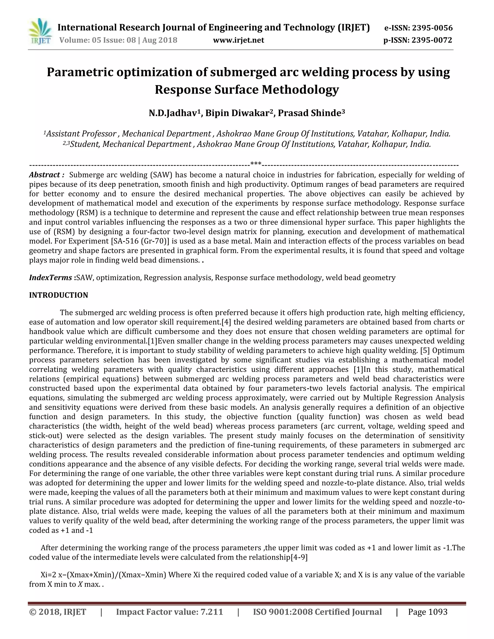 IRJET- Parametric Optimisation of Submerged ARC Welding Process by using Response Surface ...