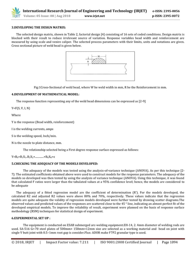 IRJET- Parametric Optimisation of Submerged ARC Welding Process by using Response Surface ...