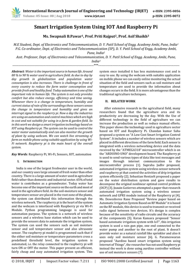 IRJET- Smart Irrigation System using IoT and Raspberry PI | PDF | Agriculture | Industries