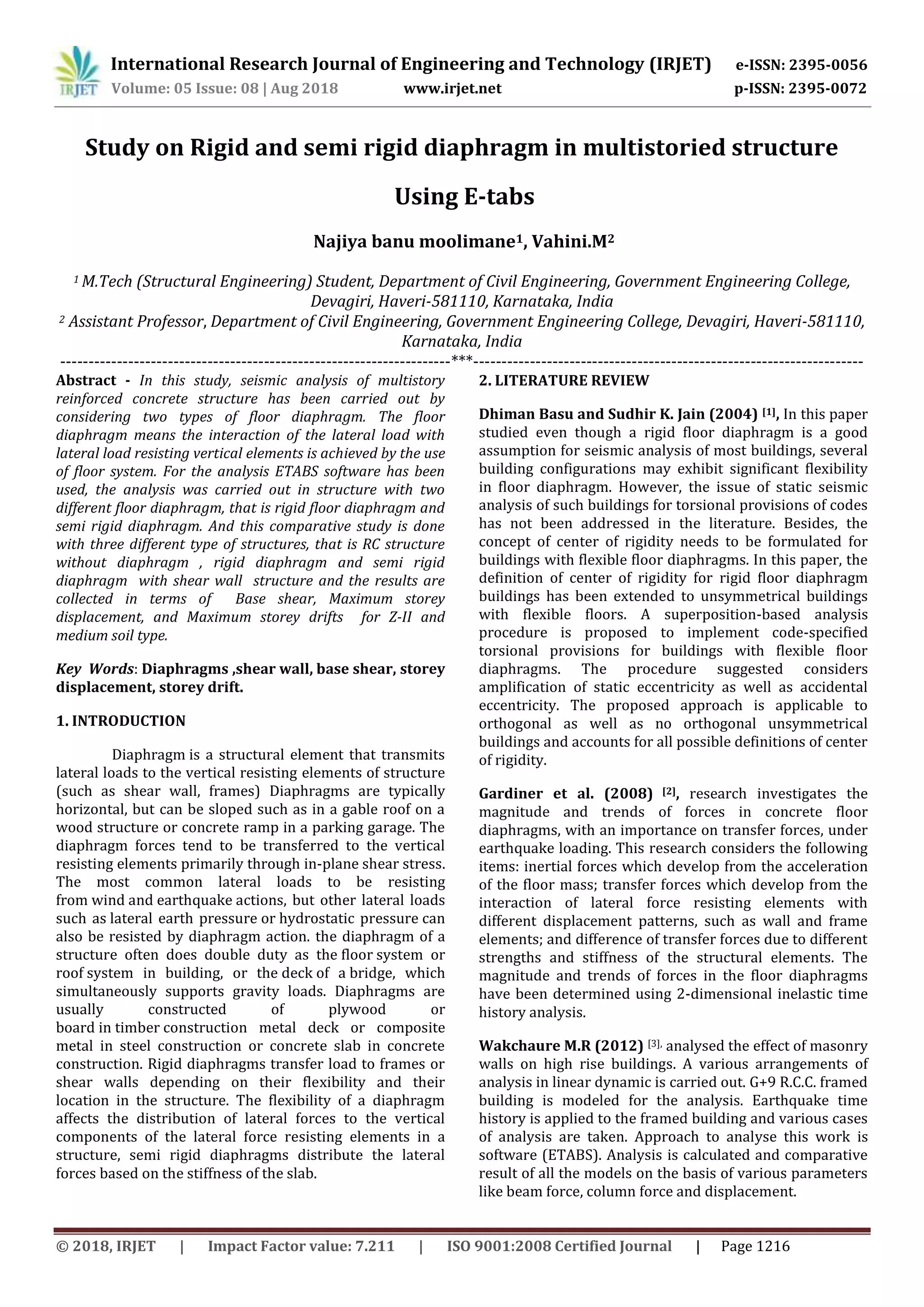 IRJET- Study on Rigid and Semi Rigid Diaphragm in Multistoried Structure using E-Tabs | PDF