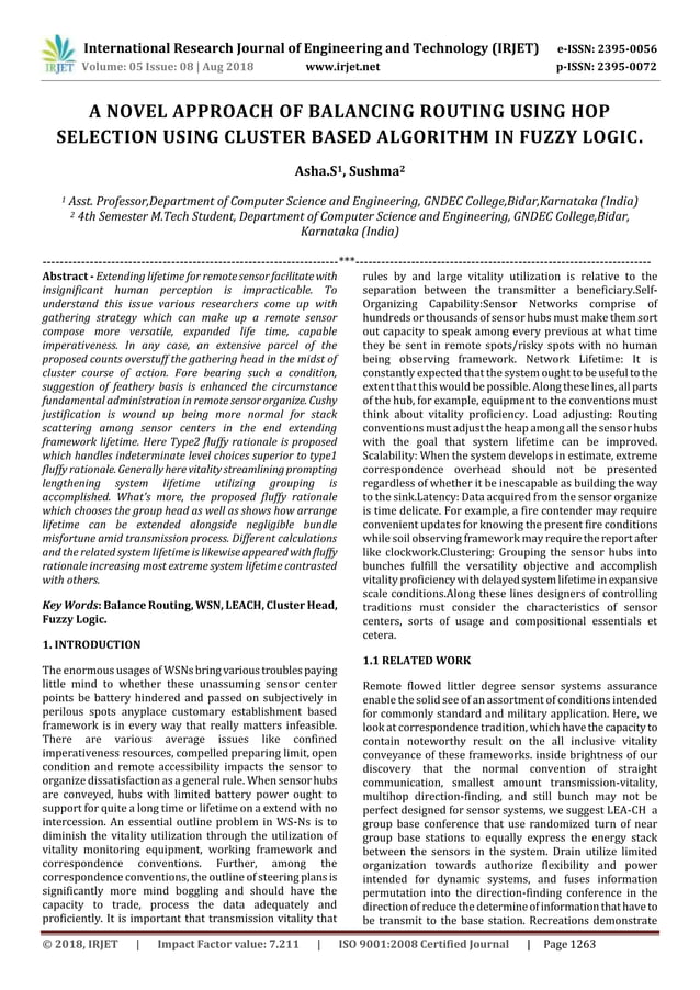 IRJET- A Novel Approach of Balancing Routing using Hop Selection using Cluster based Algorithm ...