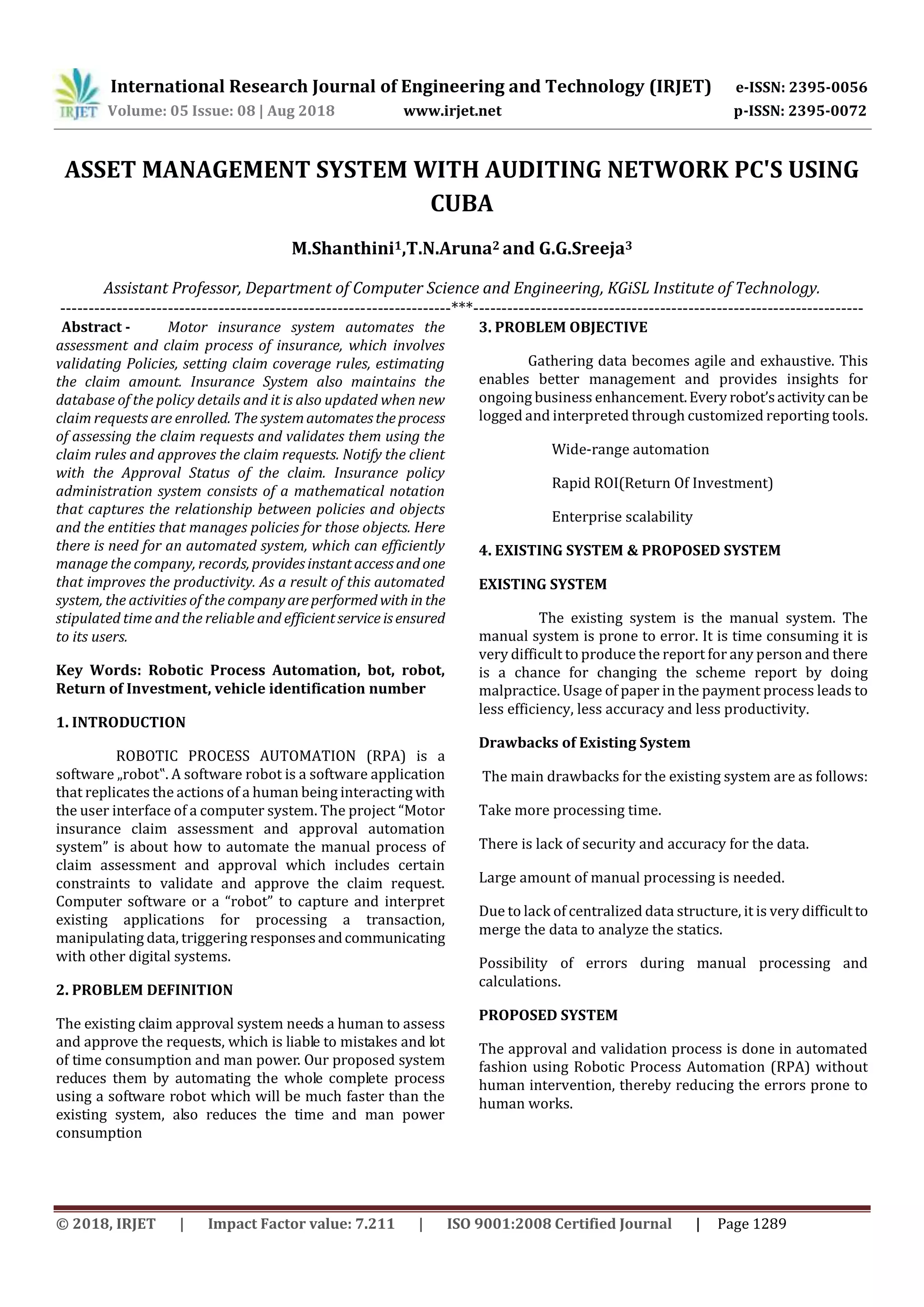 IRJET- Asset Management System with Auditing Network Pc's using Cuba | PDF | Motor Insurance ...