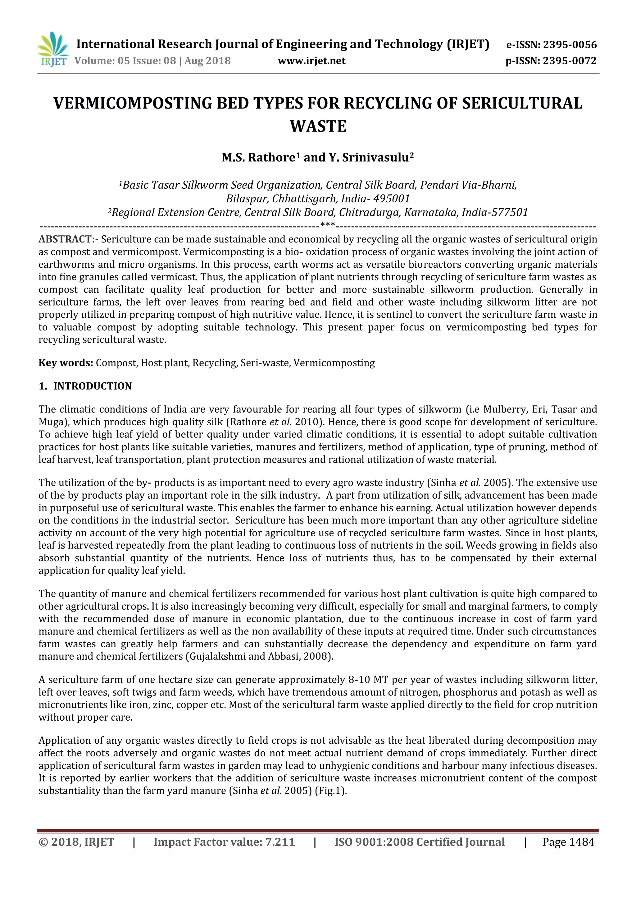 IRJET- Vermicomposting Bed Types for Recycling of Sericultural Waste | PDF