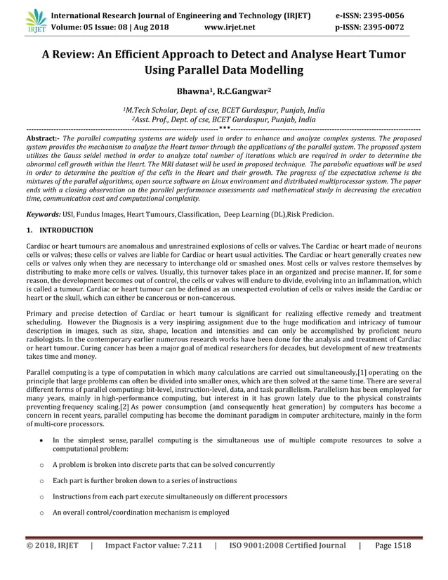 IRJET- A Review : An Efficient Approach to Detect and Analyse Heart Tumor using Parallel Data ...