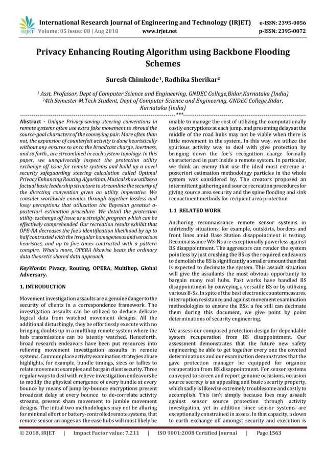 IRJET- Privacy Enhancing Routing Algorithm using Backbone Flooding Schemes | PDF