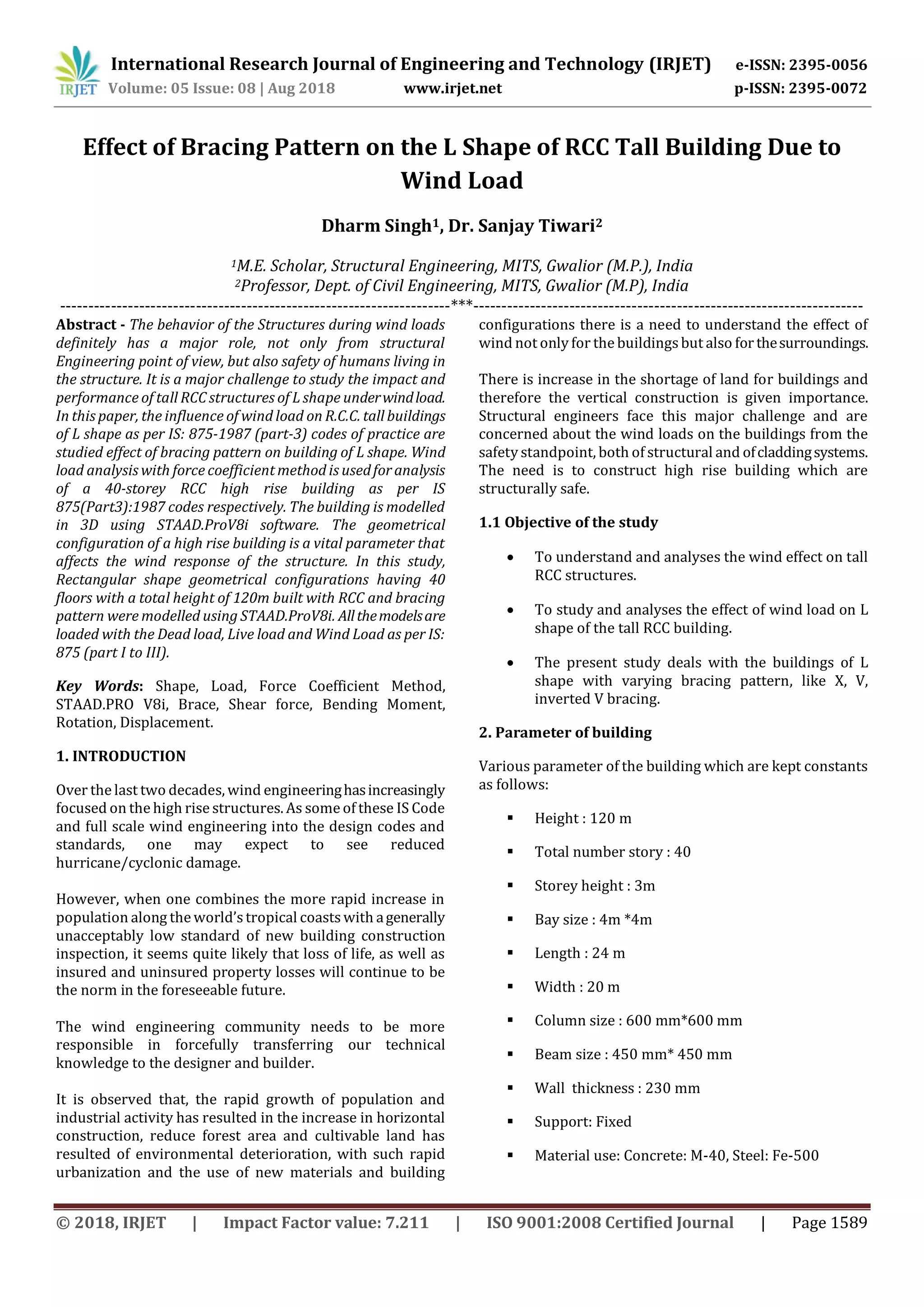 IRJET- Effect of Bracing Pattern on the L Shape of RCC Tall Building due to Wind Load | PDF