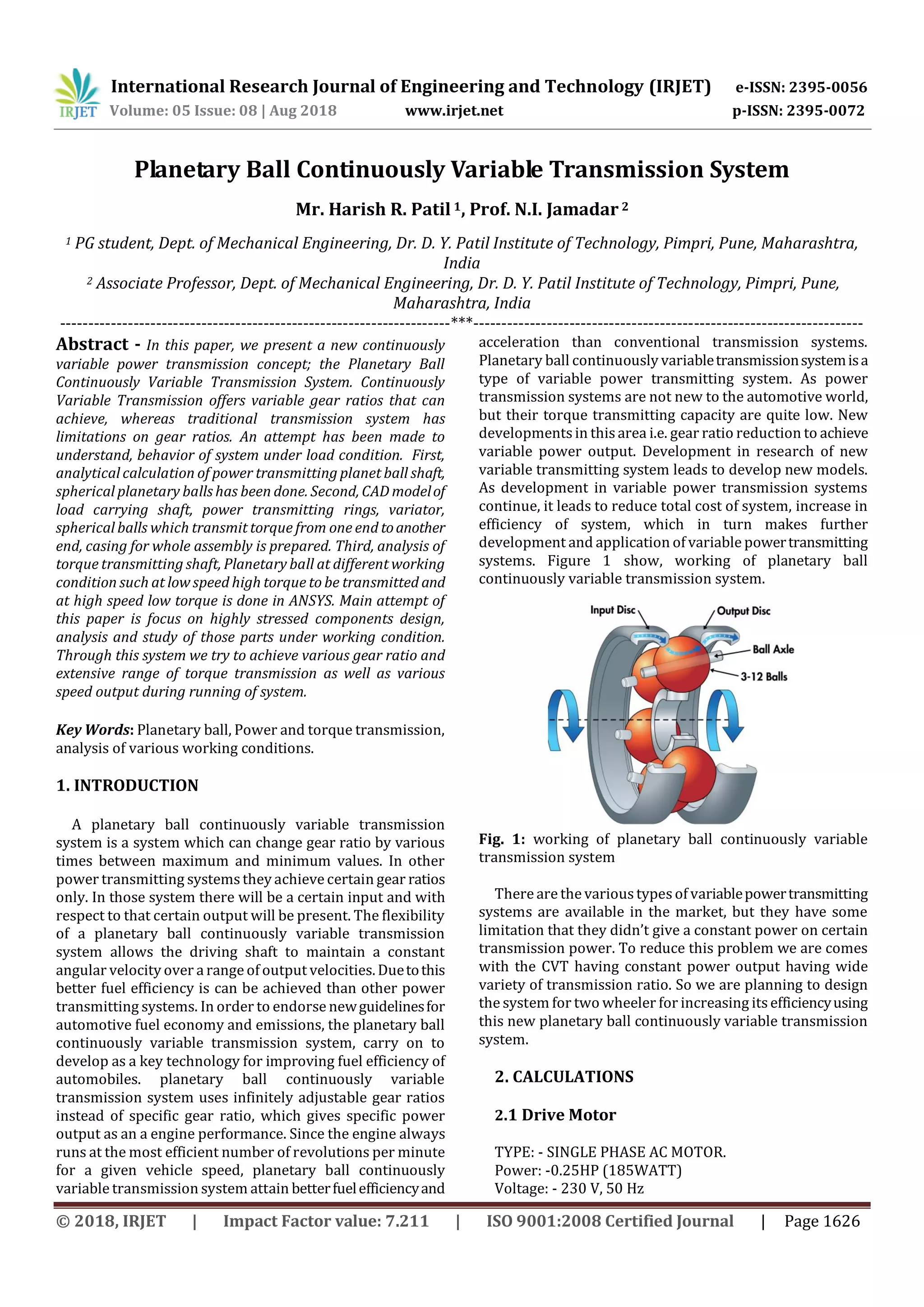 IRJET- Planetary Ball Continuously Variable Transmission System | PDF