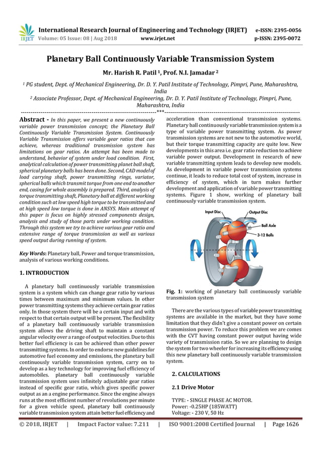 IRJET- Planetary Ball Continuously Variable Transmission System | PDF