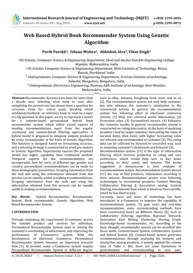 IRJET- Web based Hybrid Book Recommender System using Genetic Algorithm | PDF