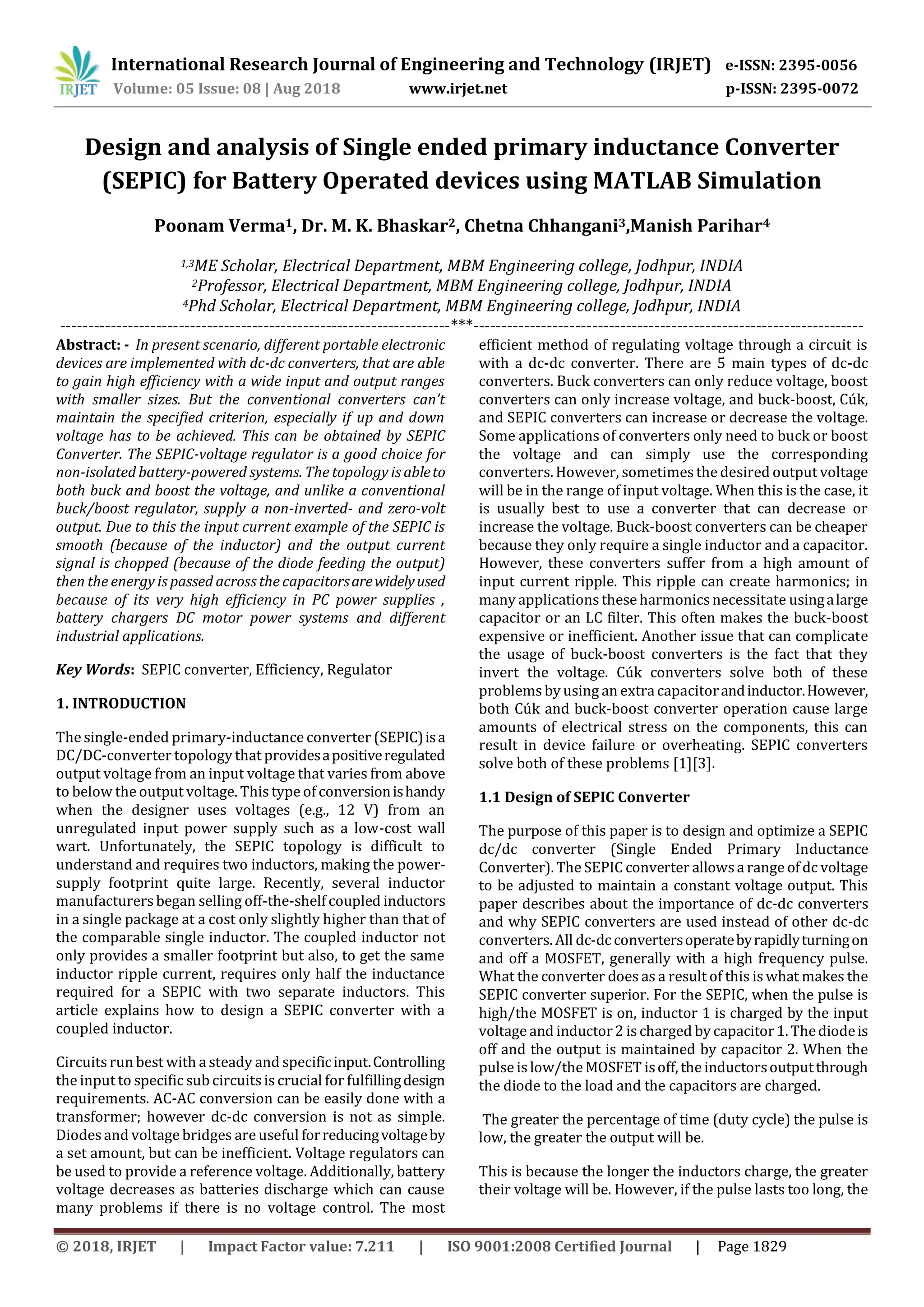IRJET- Design and Analysis of Single Ended Primary Inductance Converter (SEPIC) for Battery ...
